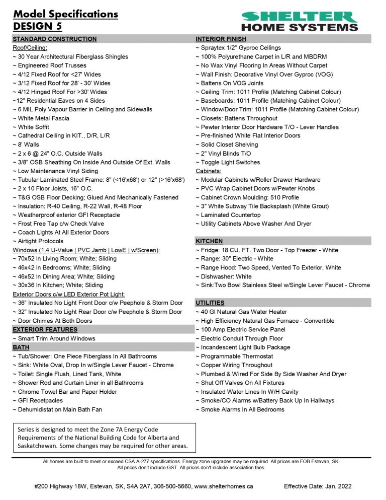BASE MODEL SPECIFICATIONS - Western Canadian Modular Homes